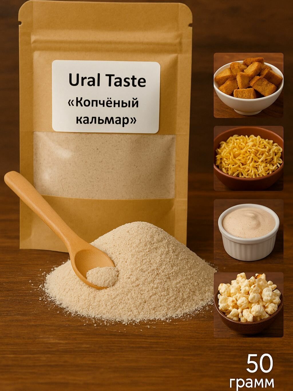 Приправа Ural Taste "Копченый кальмар", в дой-паке, молотая, 50 гр