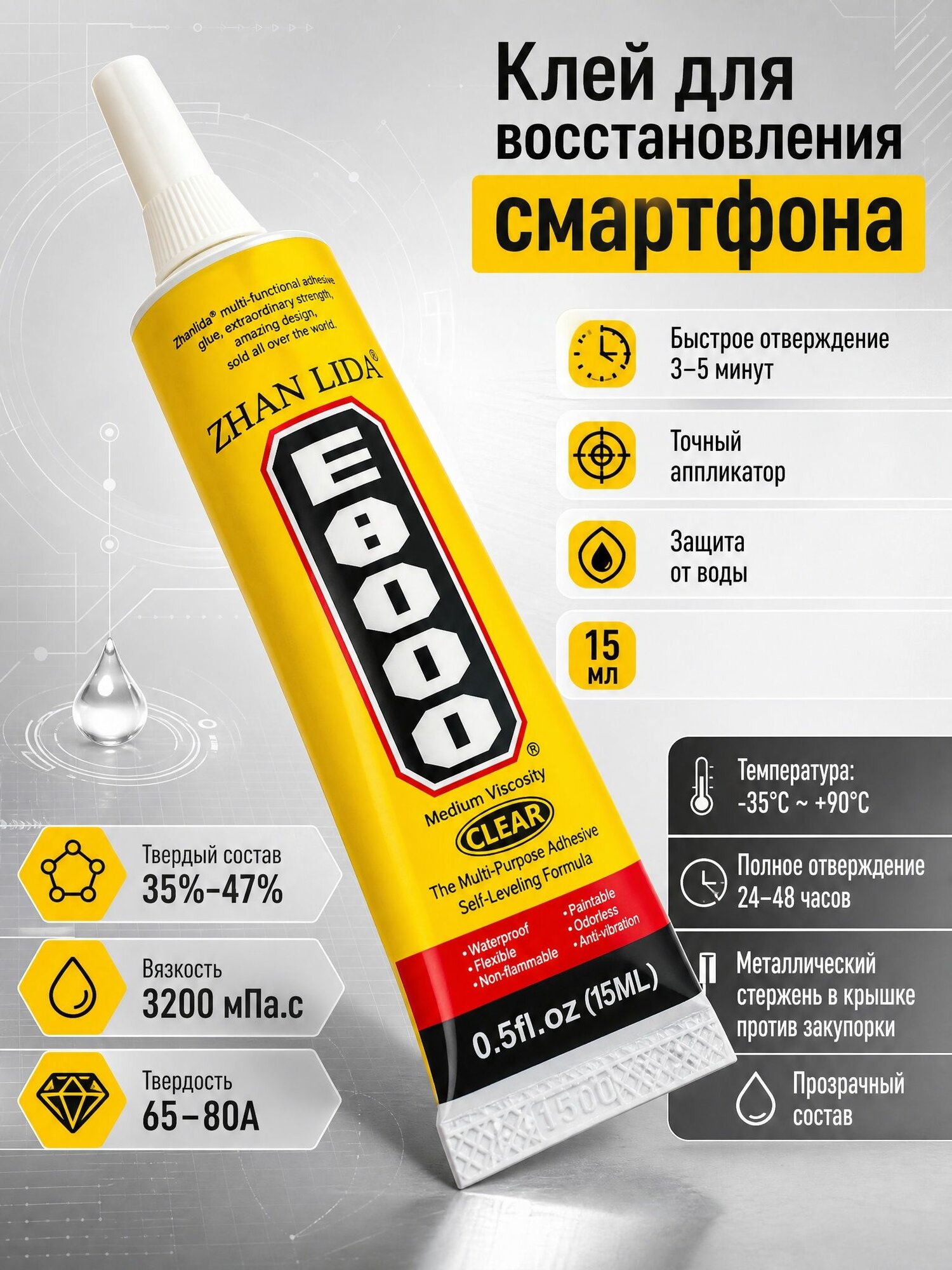 Клей герметик Zhanlida E-8000 (15 мл, прозрачный) для рамок, задних крышек, тачскринов, дисплейных модулей