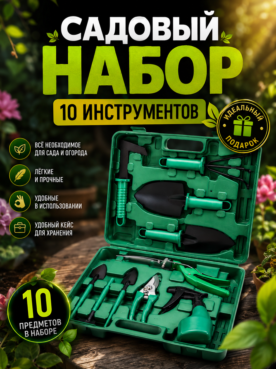 Набор садовых инструментов "10в1", в кейсе, для сада и огорода