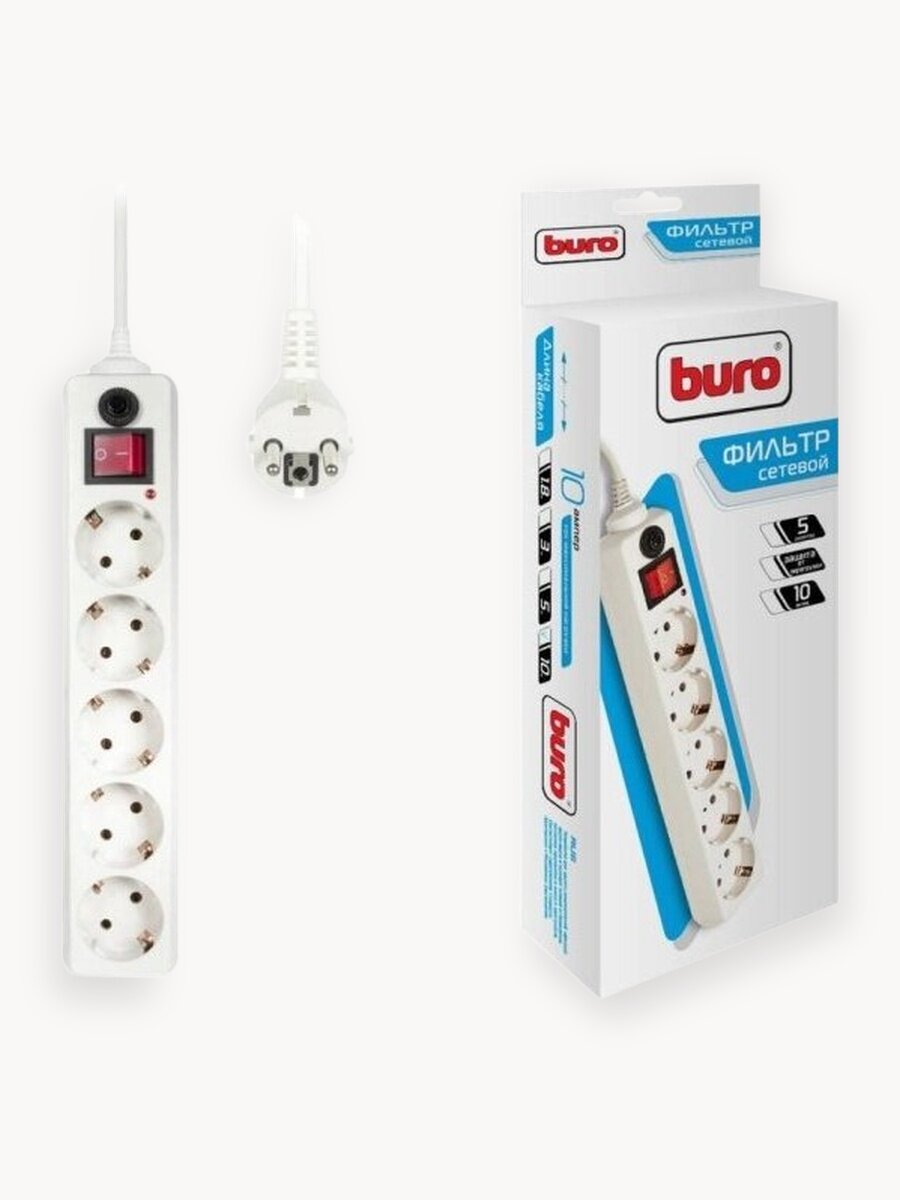 Сетевой фильтр Buro 500SH-10-W 10м (5 розеток) белый (коробка)
