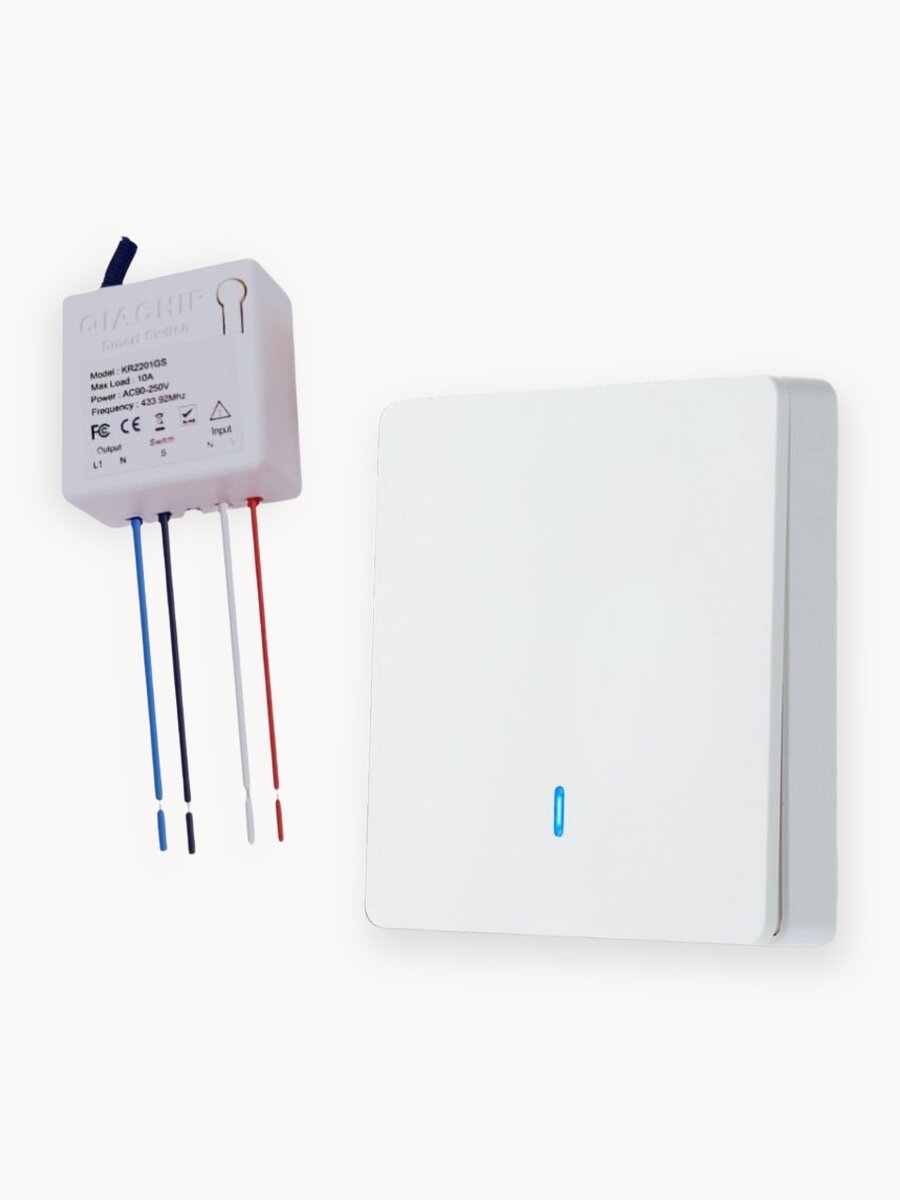 Беспроводной выключатель света (1 клавиша с батарейкой + радиоуправляемое реле 220В, 10А, 433МГц)