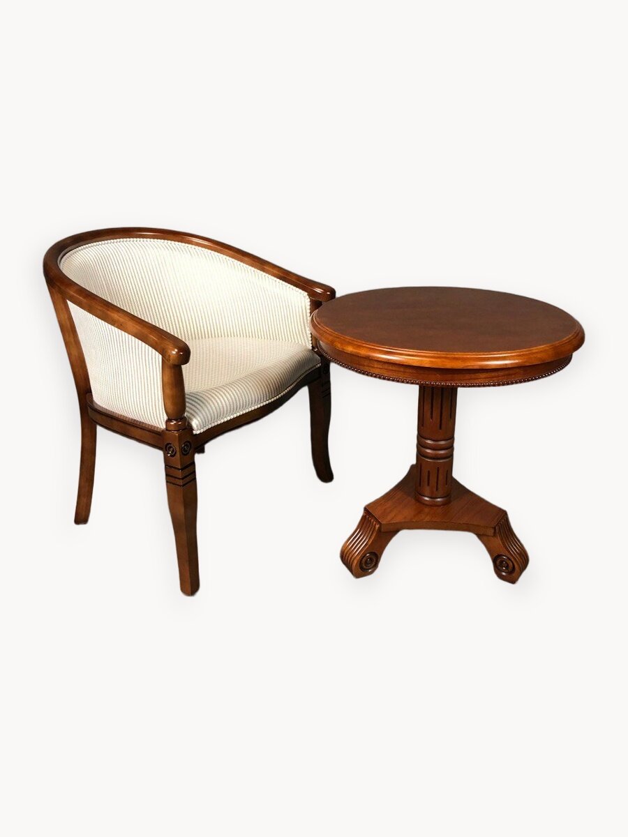 Кресло со столиком МАО от DOMKORLEONE, массив гевеи, текстиль, цвет орех (walnut) - сэт кресло + чайный стол d60 см