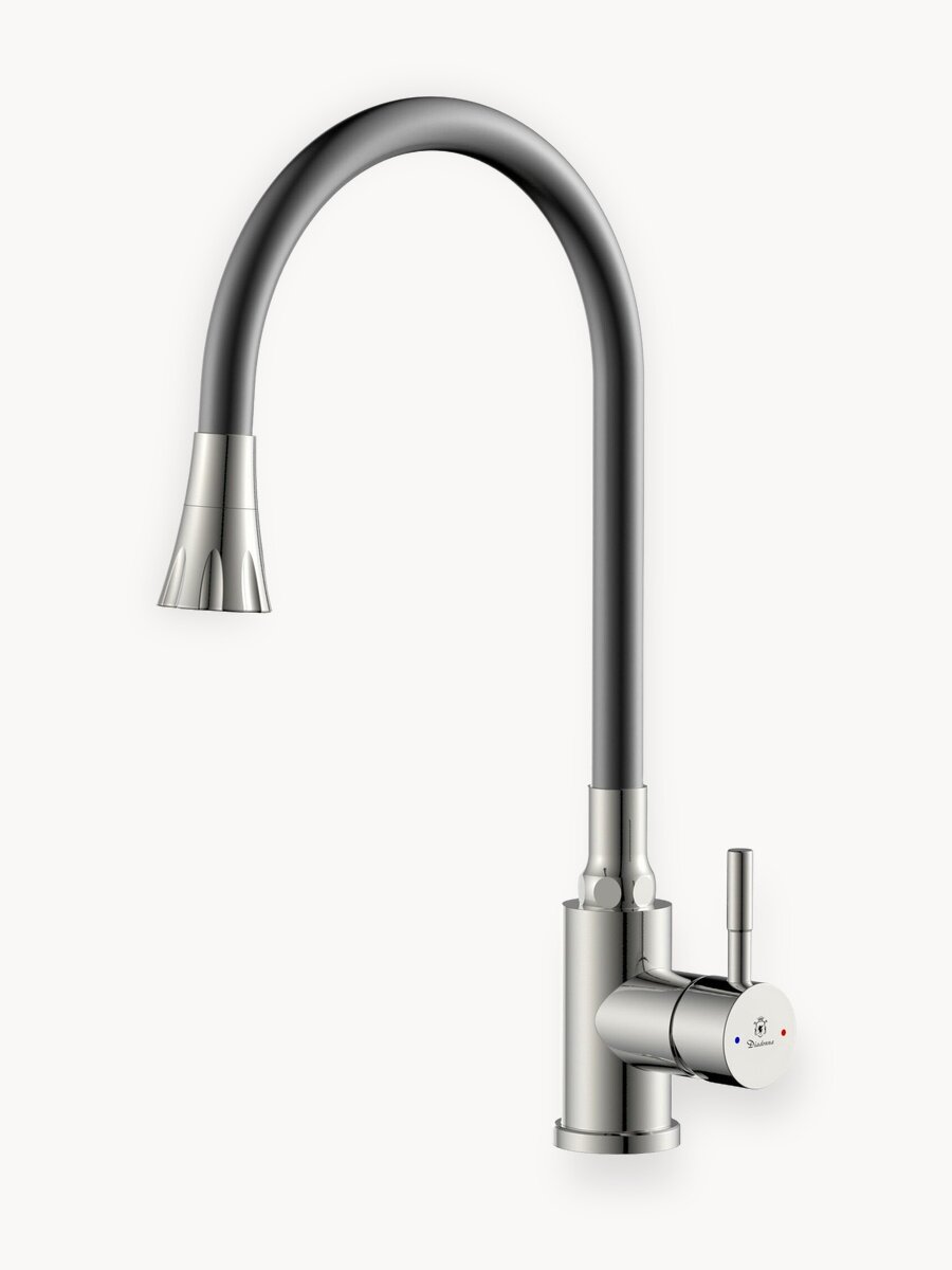 Смеситель для кухни Diadonna D46-0009S с гибким изливом, керамический картридж 35 мм, гибкая подводка, гайка, нержавеющая сталь, сатин