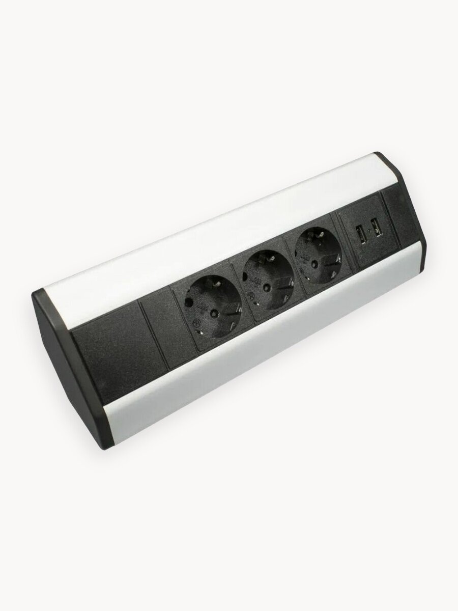 Блок розеток угловой Tringle 3 розетки, 2 USB, с удлинителем, серебристо-черный