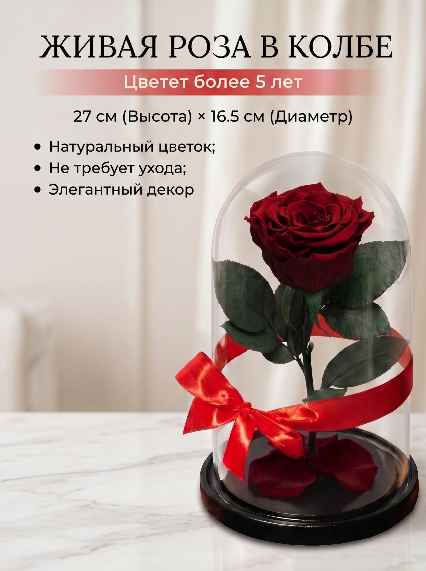 Стабилизированные цветы в стекле, Роза в колбе живая Premium бордовая 27х16,5см, GIFT4YOU