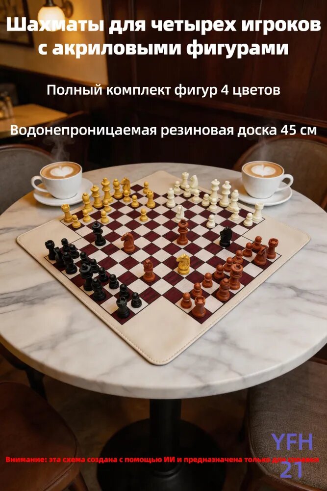 Шахматы для четырёх игроков, с сумкой для хранения, высота короля 67 мм, Шахматная доска из резины размером 45*45 см