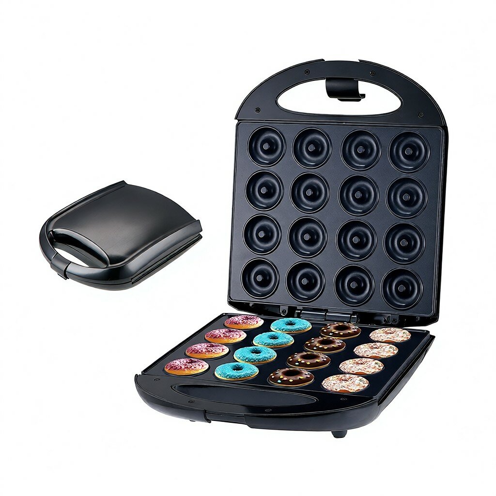 Производитель Пончиков: Мощность 1400 Вт Для Дома - Машина Для Изготовления 16 Пончиков За Раз с Антипригарным Покрытием, Компактный Дизайн 30x25x12 см