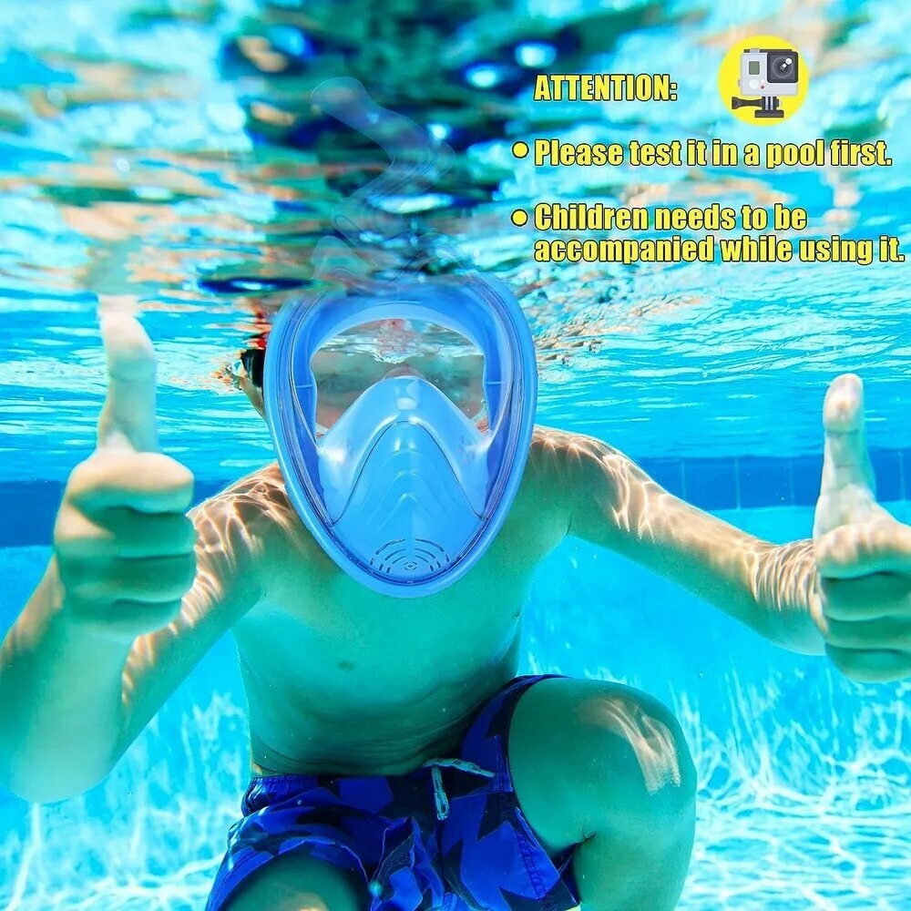 Маска для плавания детская XS (3-8 лет) для сноркелинга, полнолицевая с креплением для экшн-камеры, синяя — фото 1