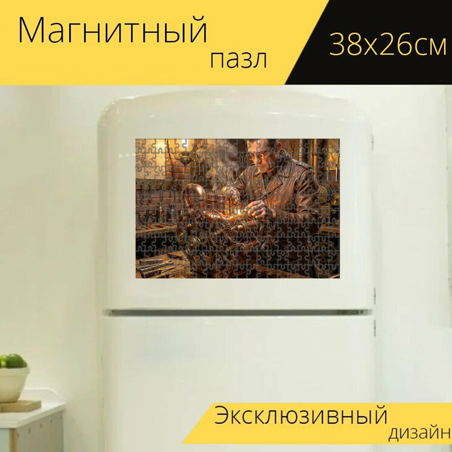 Магнитный пазл "Мастер ремонтирует двигатель авто в стимпанк стиле" для интерьера, 38х26 см.