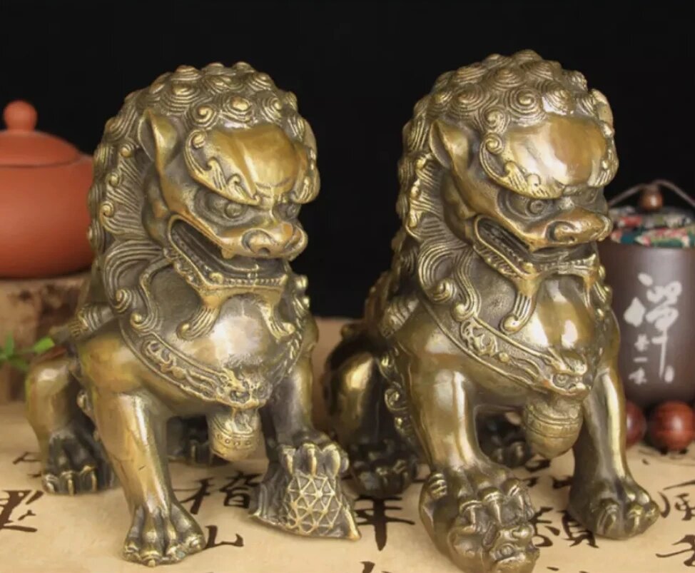 Бронзовые статуи львов Fu Foo Dogs, пара