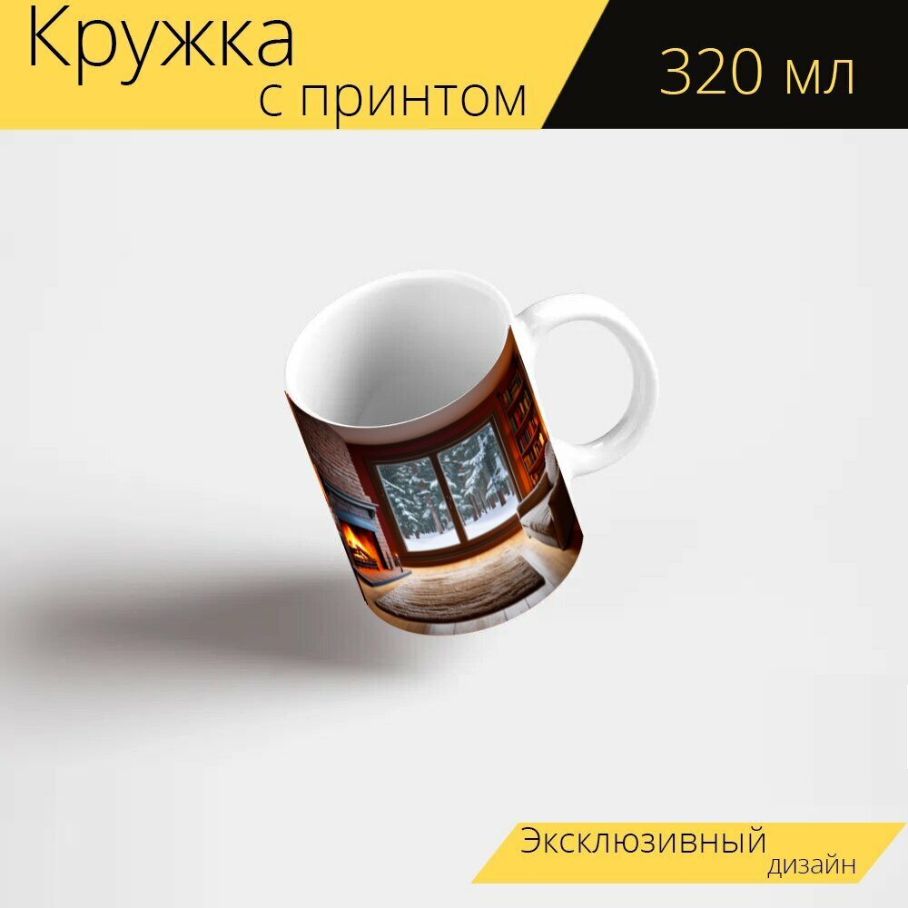 Кружка с рисунком, принтом "Уютная комната с камином из кирпича, где горит огонь. На стенах книги и элементы декора. Большое окно с видом на зимний лес, за ним падающий." 320 мл.