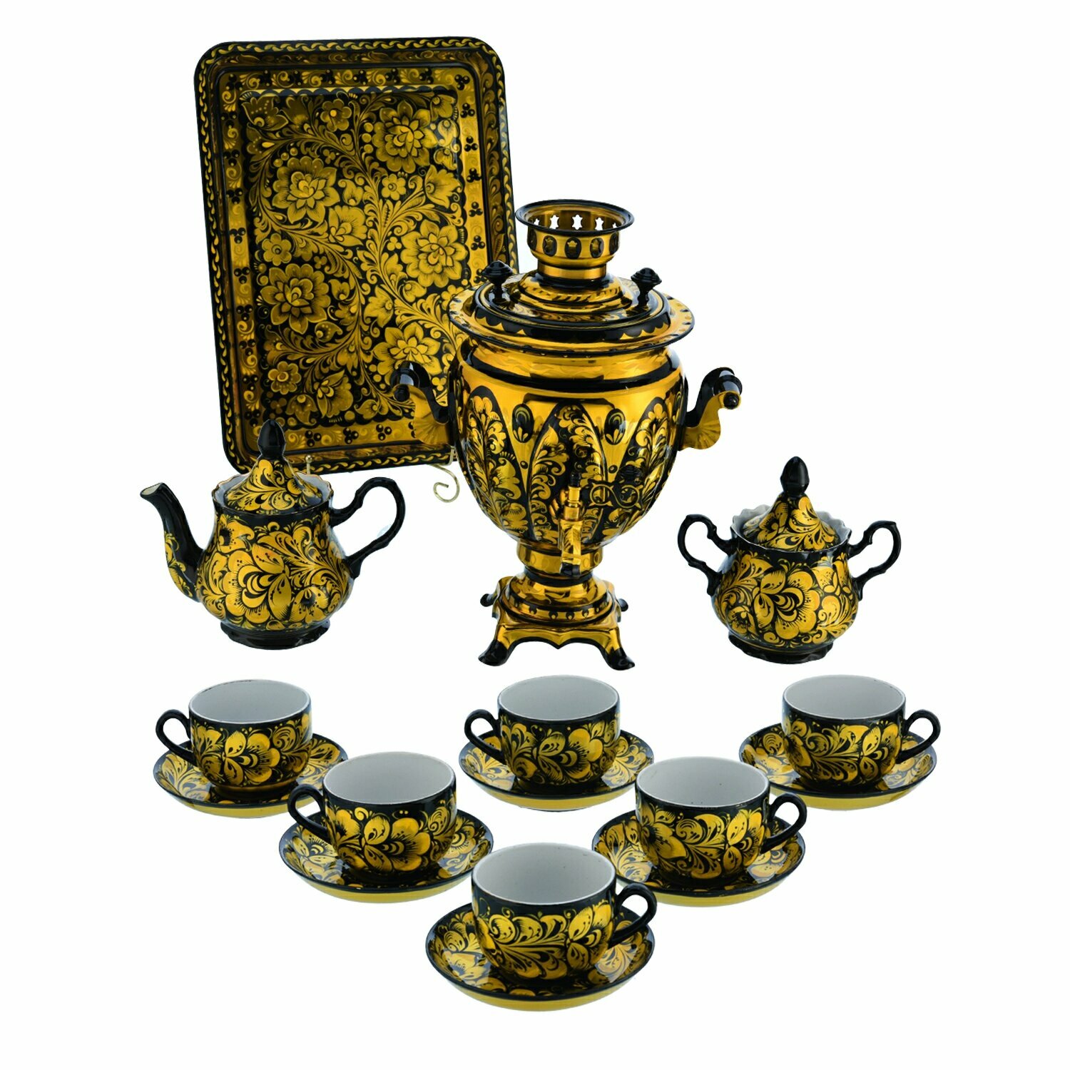 300774-Хохлома. Самовар с Сервизом "золотая кудрина"на 6 персон