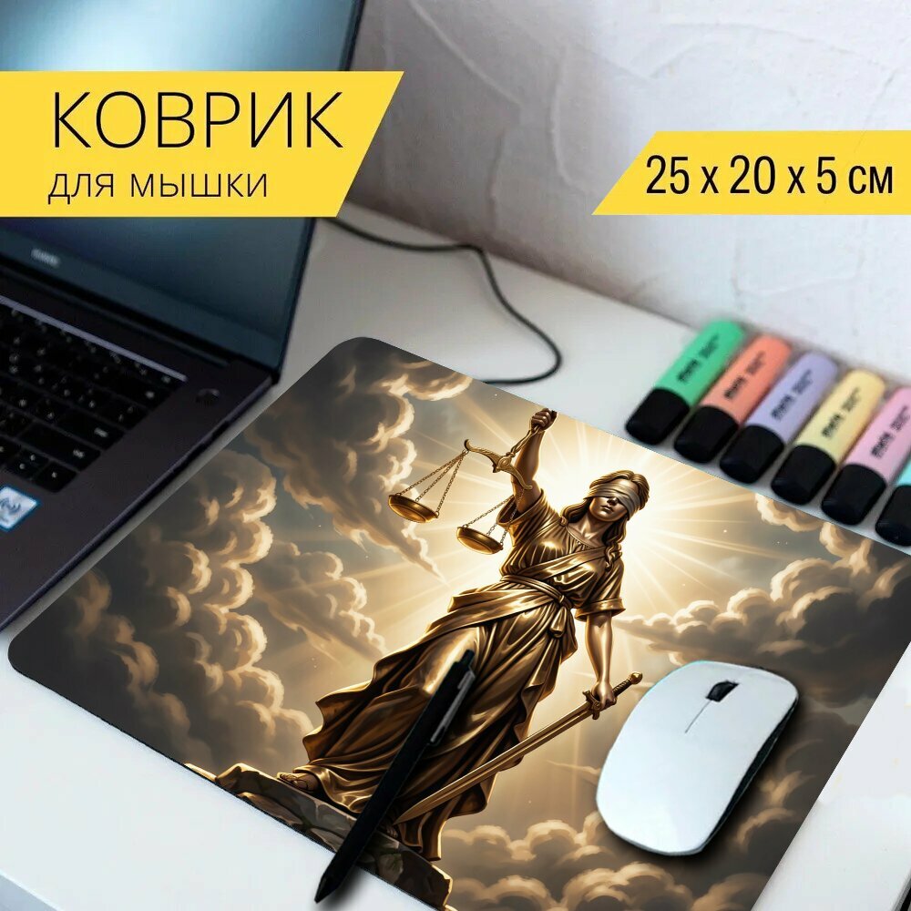 Коврик для мыши с принтом "Фемида с весами и мечом. Монументальная богиня правосудия в золотом свечении среди драматических облаков, с повязкой на глазах, весами и мечом." 25x20см.