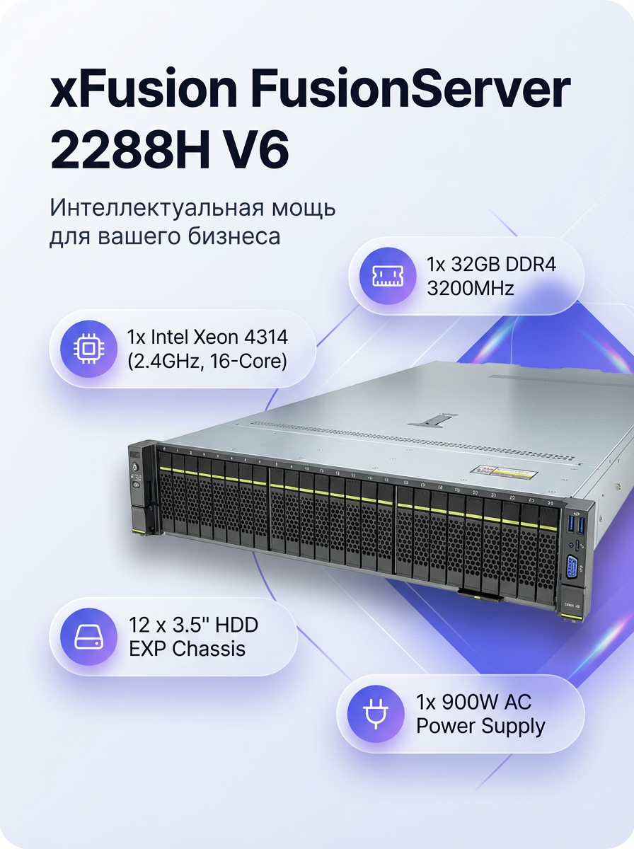 XFusion FusionServer 2288H V6 (12 * 3.5-inch HDD EXP chassis) (1 Intel Xeon 4314 (2.4GHz/16Core/135W); 1 DDR4 32GB3200MHz 1 array card 2G 1 900W AC po