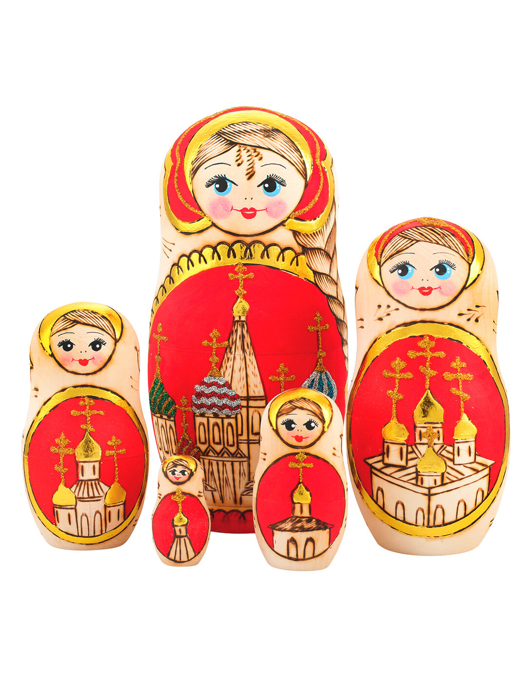 Матрешка " Храмы России ", красная, 5 мест, 18 см, разборная.