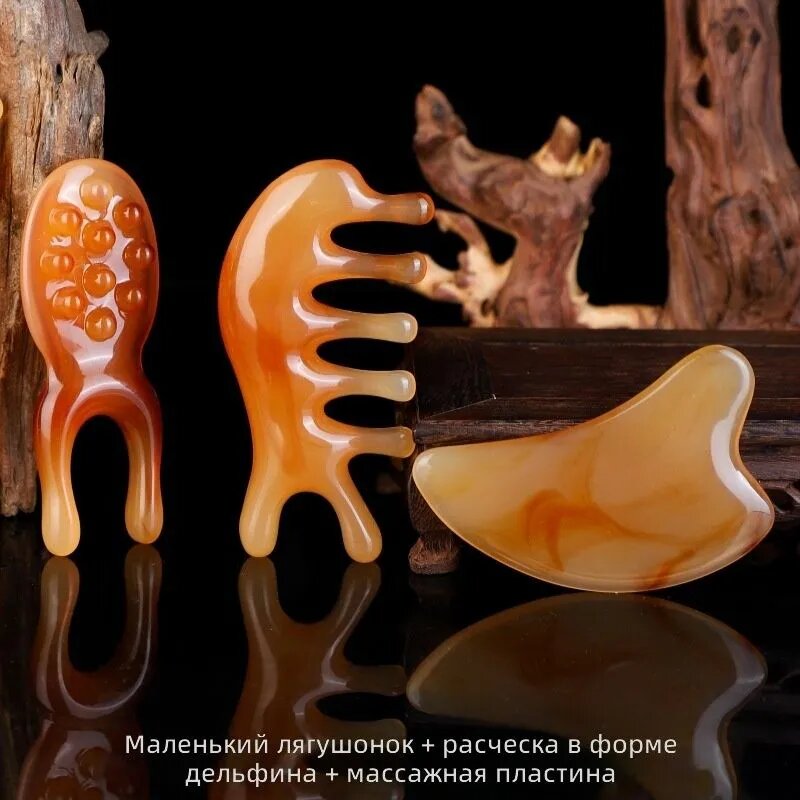 Комплект для массажа 3 в 1 Лягушонок + гребень-дельфин + пластина из смолы