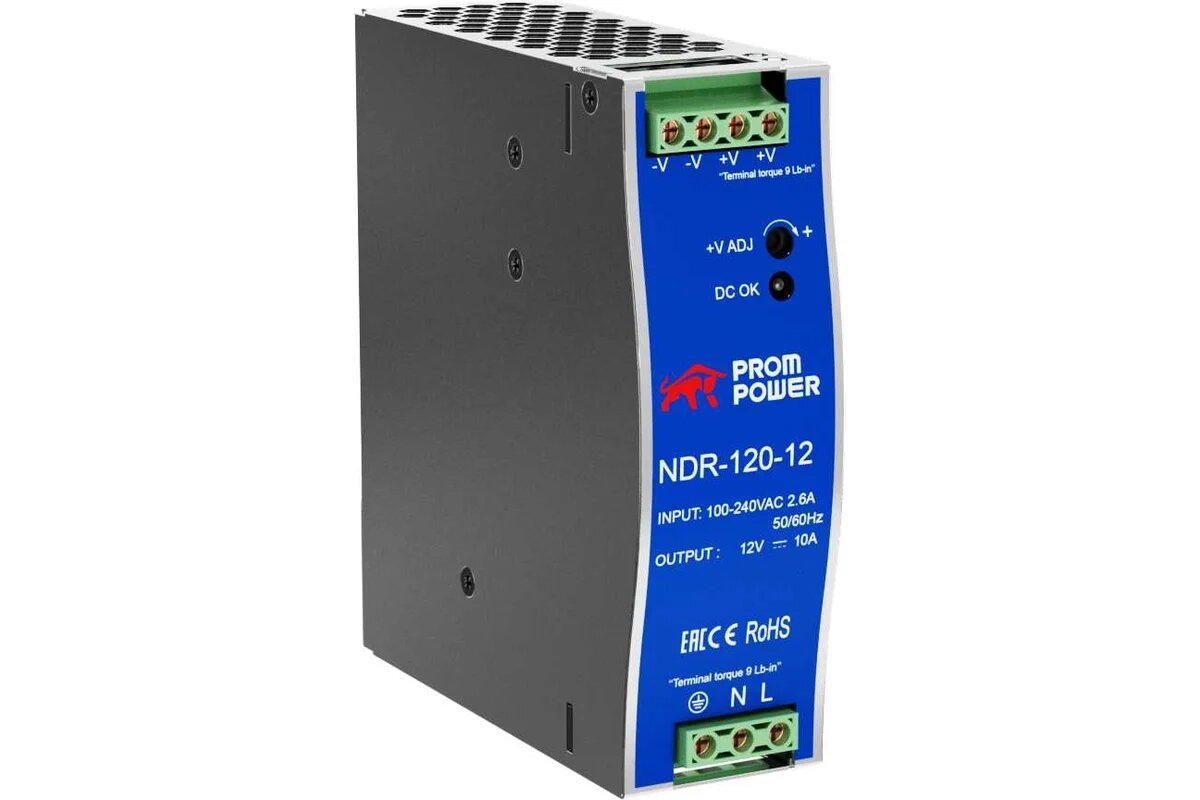 Источник питания Prompower NDR‑120‑12 12 В DC 10 А 120 Вт, импульсный блок для систем автоматизации с металлическим корпусом и защитой от перегрузок на DIN‑рейку