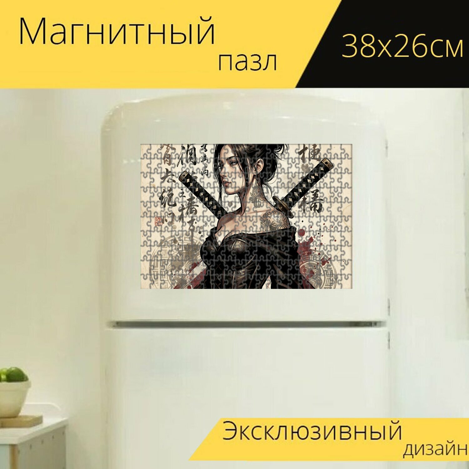 Магнитный пазл "Воительница с катанами и иероглифами. Азиатская девушка-самурай с татуировками и двумя мечами за спиной, живописная композиция в стиле туши." для интерьера, 38х26 см.