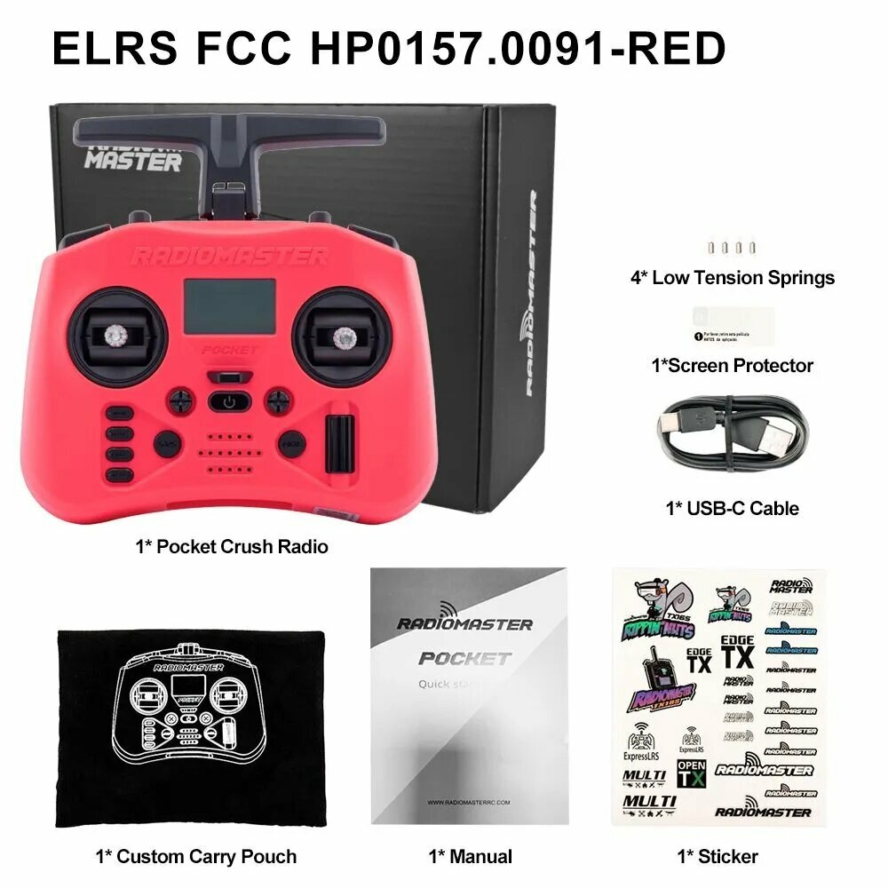 RadioMaster Pocket Crush, компактный радиопередатчик 2.4 ГГц 16 каналов, поддержка ExpressLRS, складная антенна, для управления RC моделями.