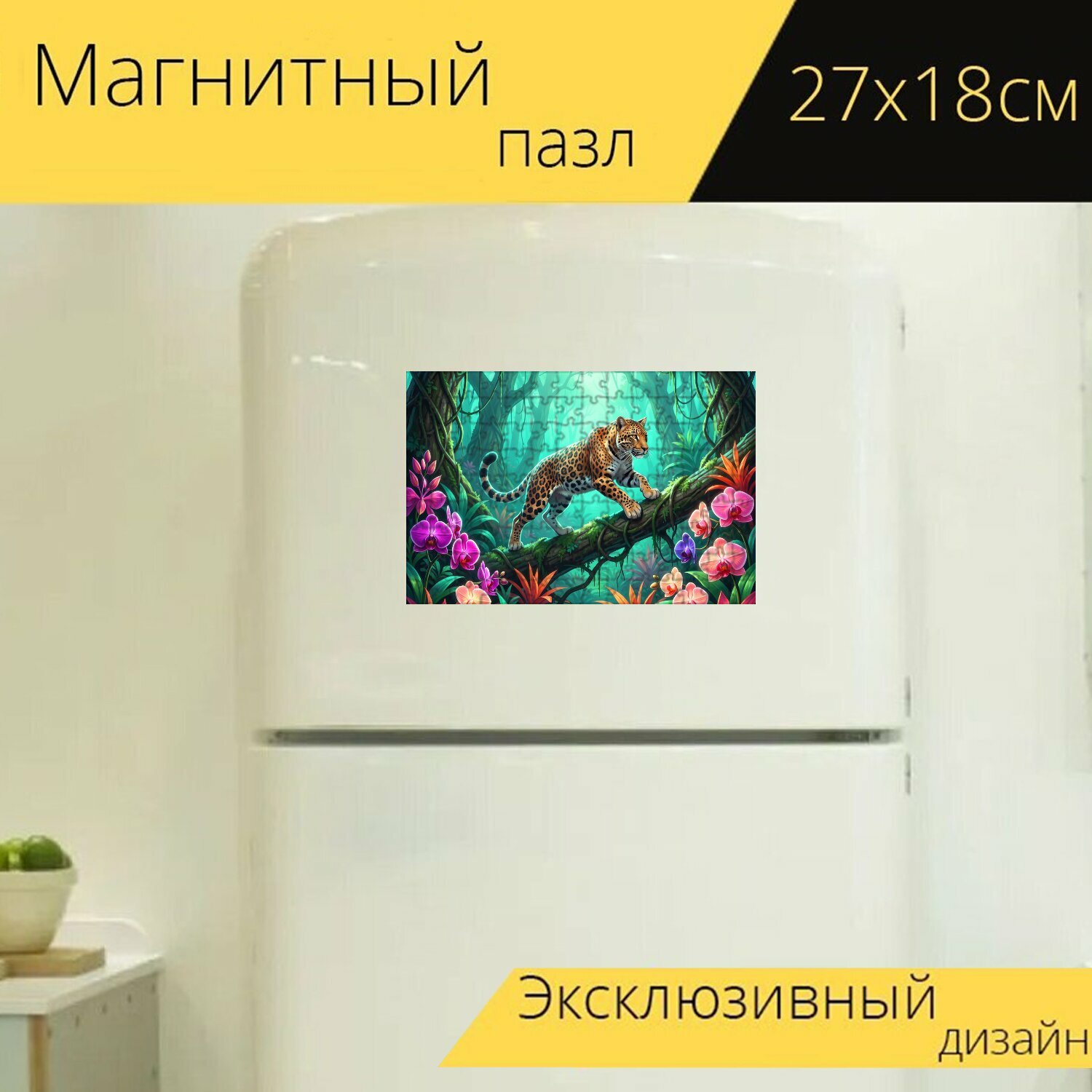 Магнитный пазл "Леопард в тропическом лесу. Яркая фантазийная сцена джунглей: пятнистый хищник идет по поваленному стволу среди лиан, орхидей и пышной." на холодильник 27 x 18 см.