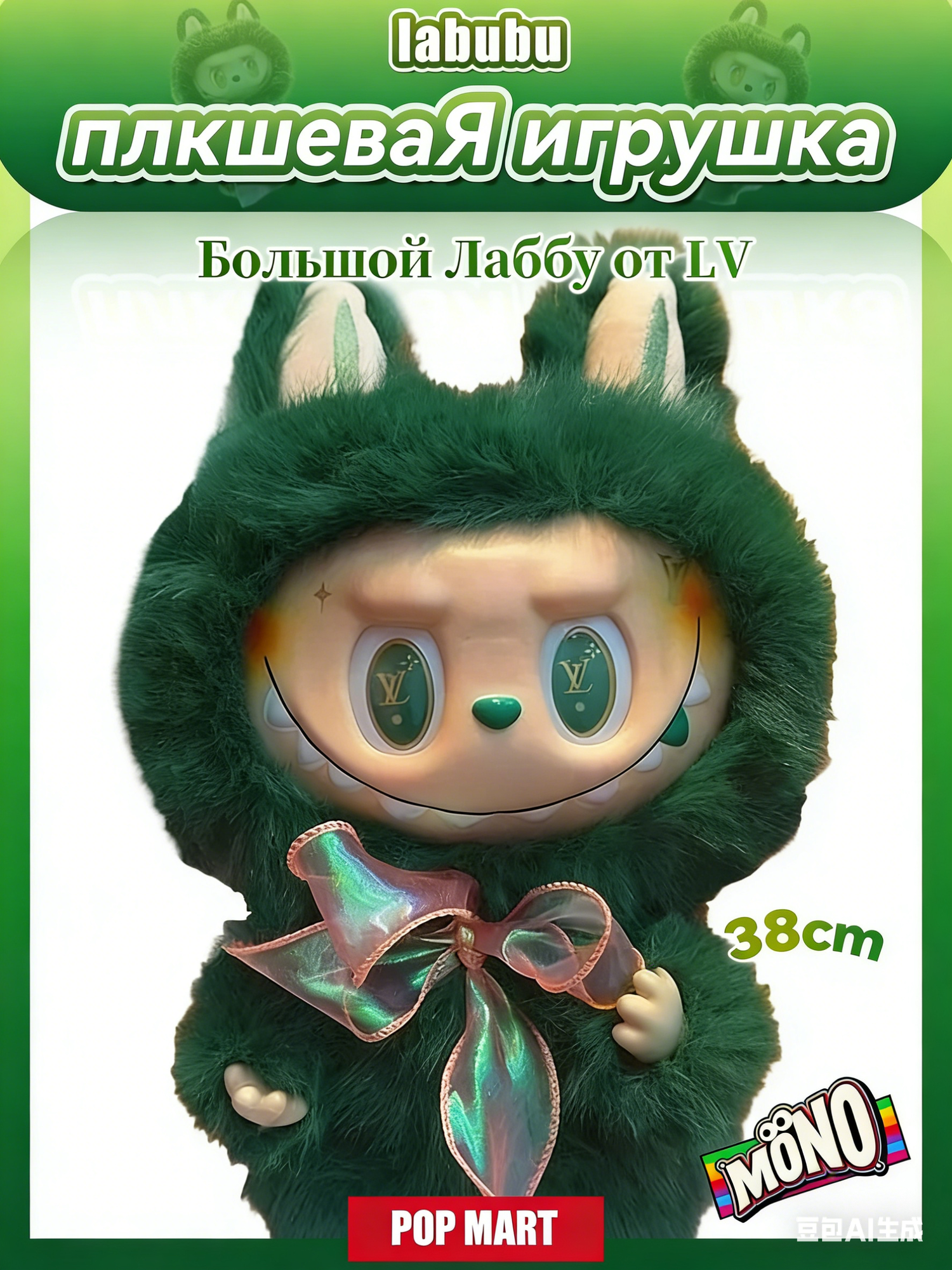 Labubu, большая модель 38 см, коллаборация с LV, зелёная, коллекционная