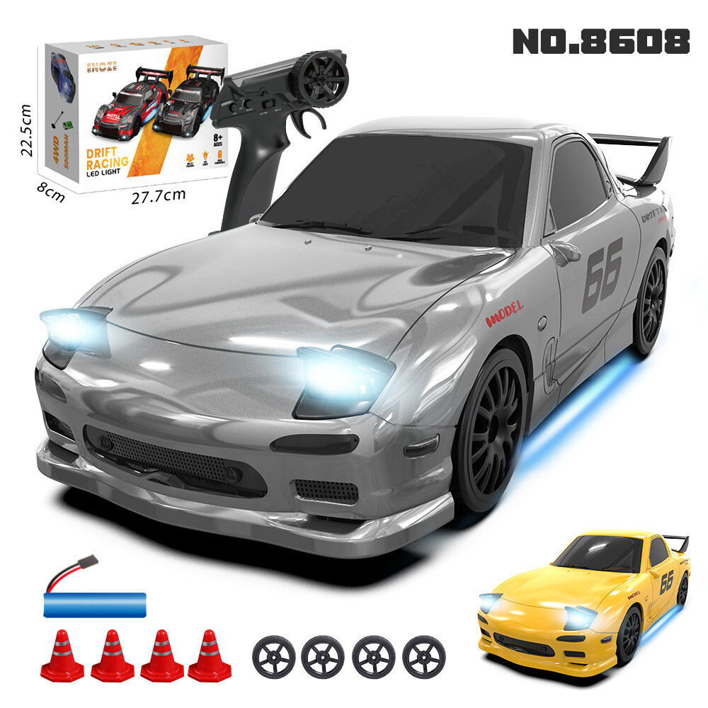 Радиоуправляемая модель 1:24 8608 дрифт-кар 4WD с LED-подсветкой и поворотниками, игрушка для гонок, серебристая,