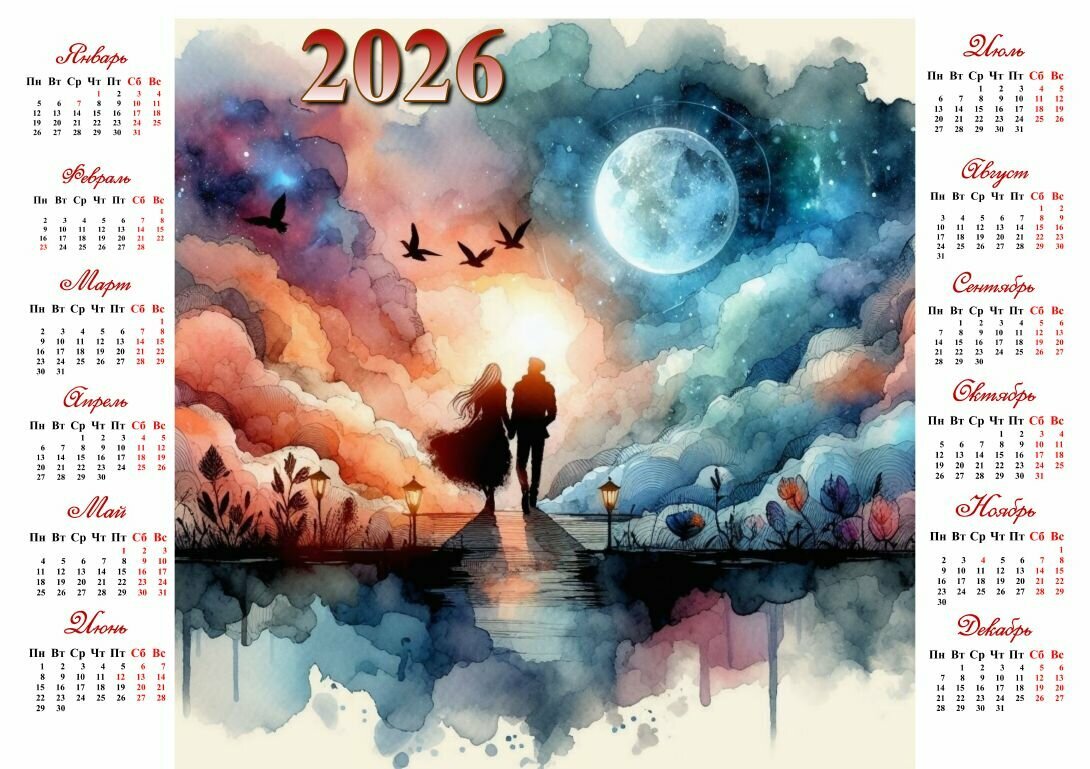 Листовой настенный календарь, формат А3, 2026 г, на мелованной бумаге