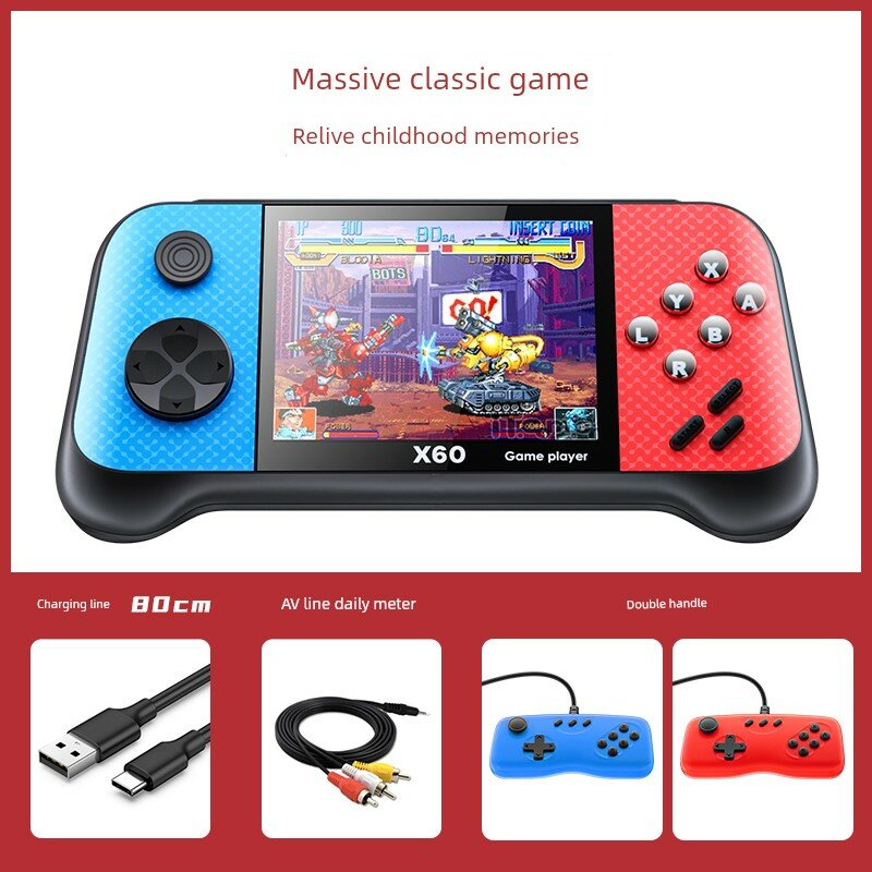 Ретро портативная игровая приставка X60 в красно-синем цвете — двойная игра с 2 контроллерами для детей, классические