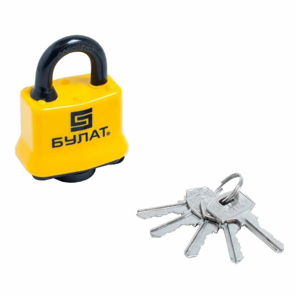 Замок навесной Булат ВС 0340, 51 мм, всепогодный, цилиндровый механизм, стальной, желтый, 5 ключей, 13 454, блистер