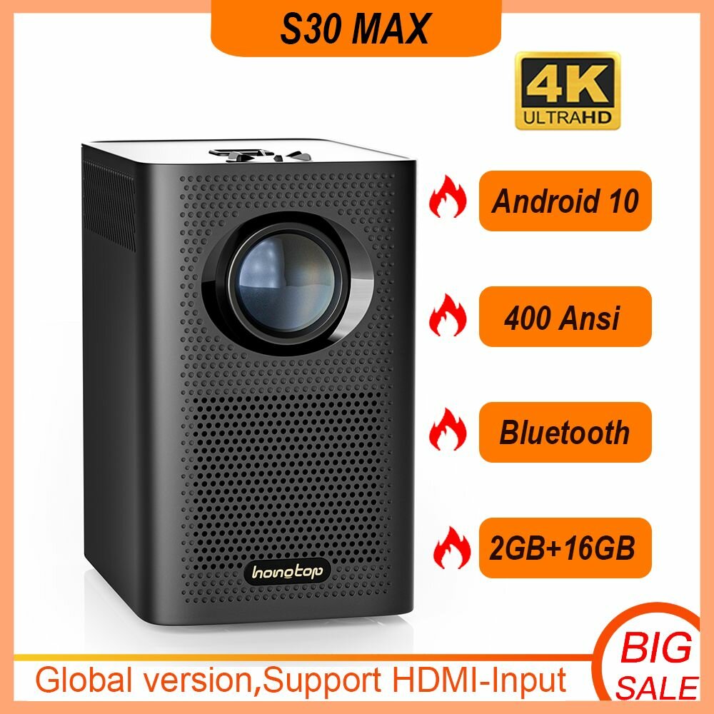 Проектор hongtop глобальная версия s30 max mini 4k led bt wifi full hd 1080p коррекция трапецеидальных искажений