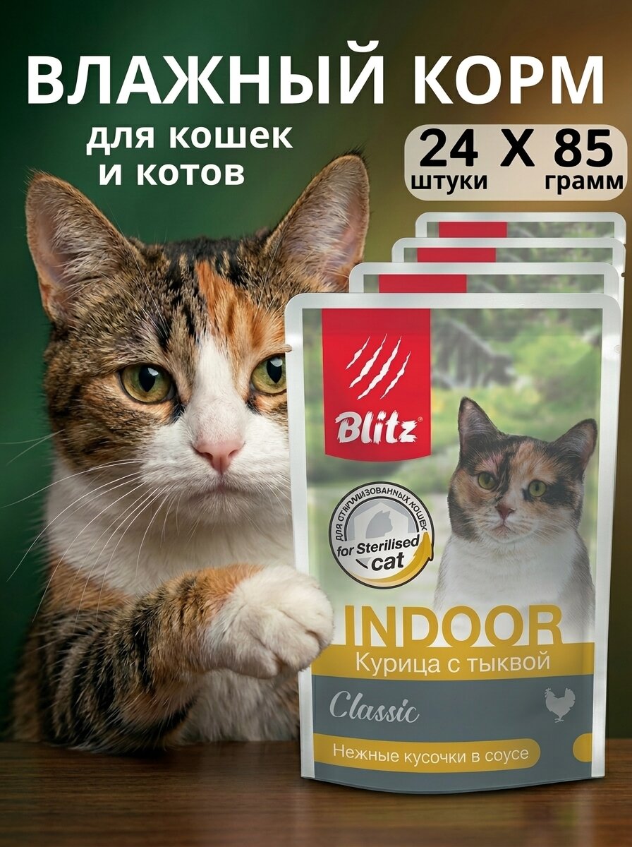 Влажный корм для стерилизованных кошек Blitz Classic с курицей и тыквой в соусе, 85 г х 24 шт