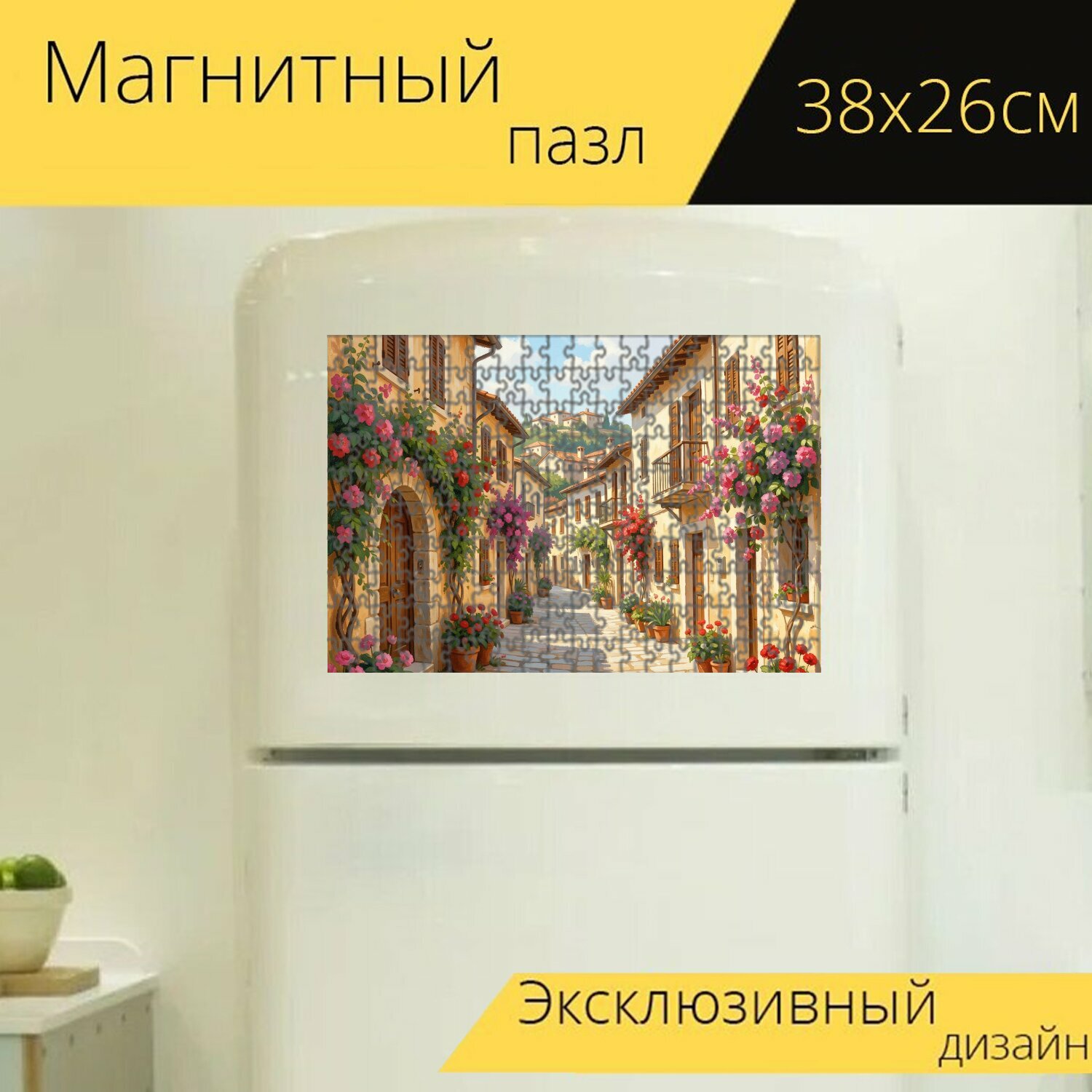 Магнитный пазл "Цветущая улочка итальянского городка. Солнечный средиземноморский переулок с каменной мостовой, светлыми домами, деревянными ставнями." для интерьера, 38х26 см.