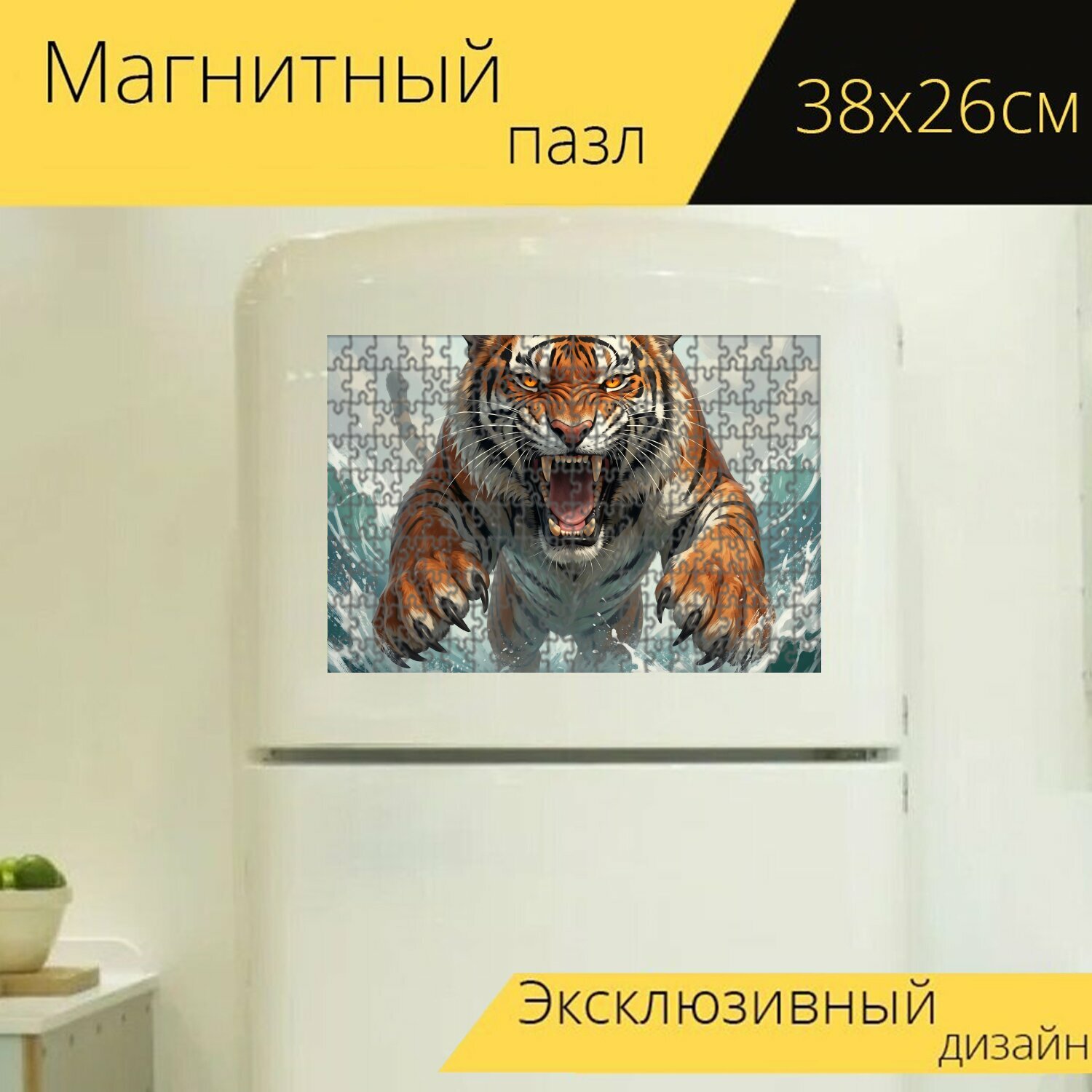 Магнитный пазл "Ревущий тигр в волнах. Свирепый полосатый хищник бросается вперед сквозь морские брызги. Динамичная цифровая иллюстрация в оранжево-белых и." для интерьера, 38х26 см.
