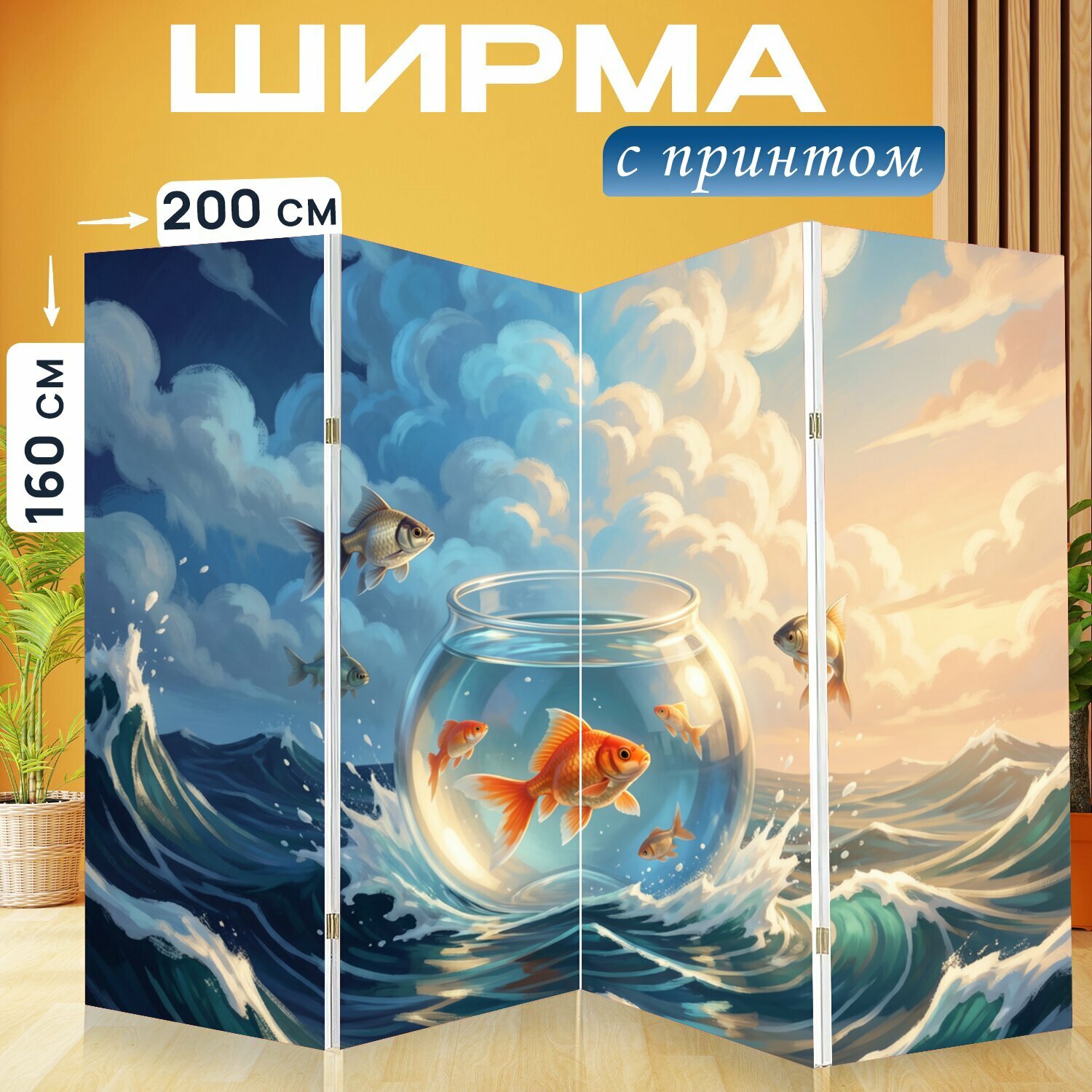 Ширма "Аквариум с рыбами в море. Сюрреалистичная иллюстрация: стеклянная чаша среди бурных волн, золотые рыбки." перегородка для зонирования комнаты с принтом 200x160 см. на холсте