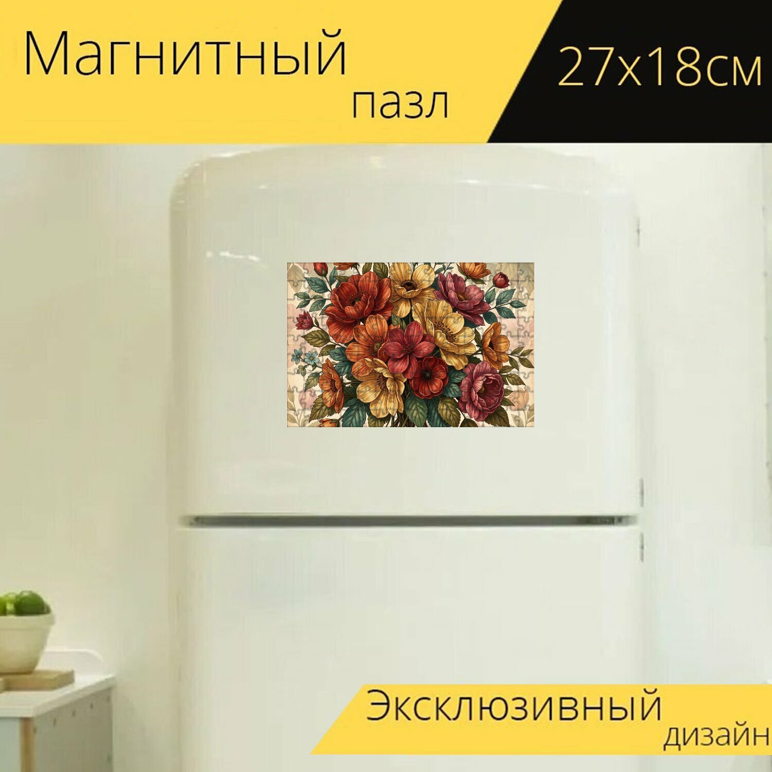 Магнитный пазл "Винтажный букет осенних цветов. Иллюстрация с пышной флористической композицией в ретро стиле: крупные лепестки, листья, ботанический." на холодильник 27 x 18 см.