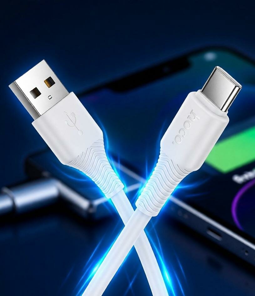Кабель USB - Type-C Hoco X120, 1 метр, белый, быстрая зарядка 3A для Samsung / Xiaomi / Huawei / IPhone / realme