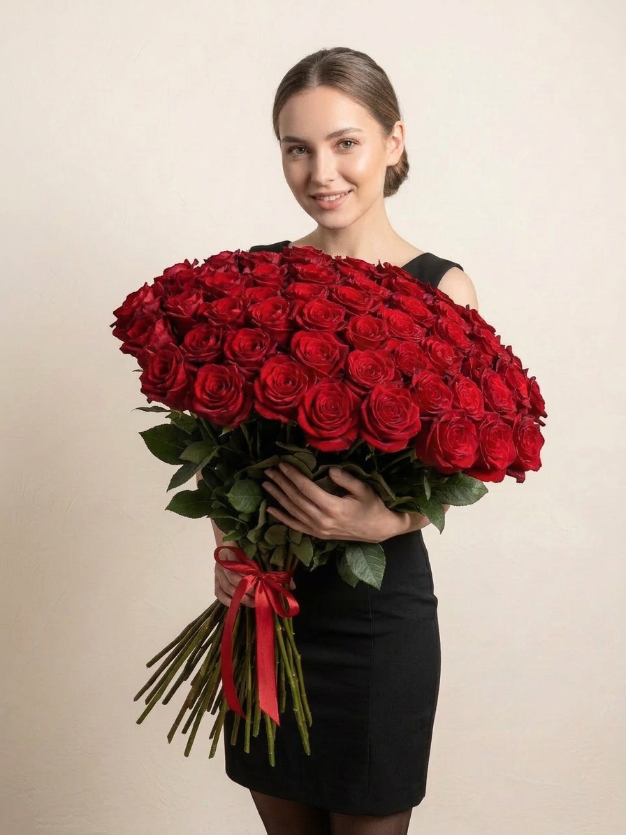 Букет Длинные Розы, 51 шт / Высокие (Длинные) Розы / Доставка Цветов / 51 роза, 100 см