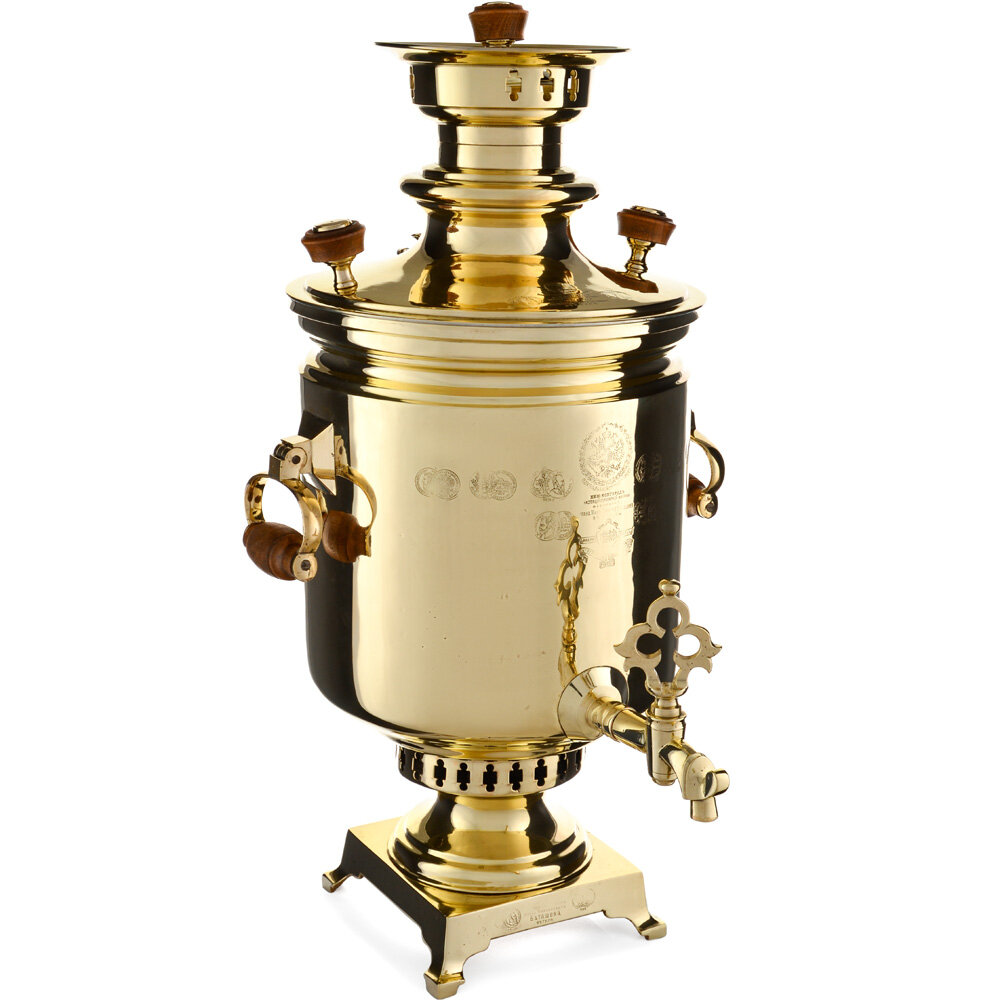 Самовар антикварный на дровах 8 литров формы «Банка» Баташева с медалями, золотой