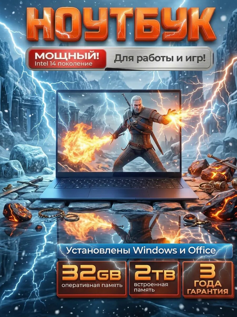 Ноутбук игровой 2026 Intel H-series, RAM 32GB, SSD 2048GB, IPS + Windows, Office