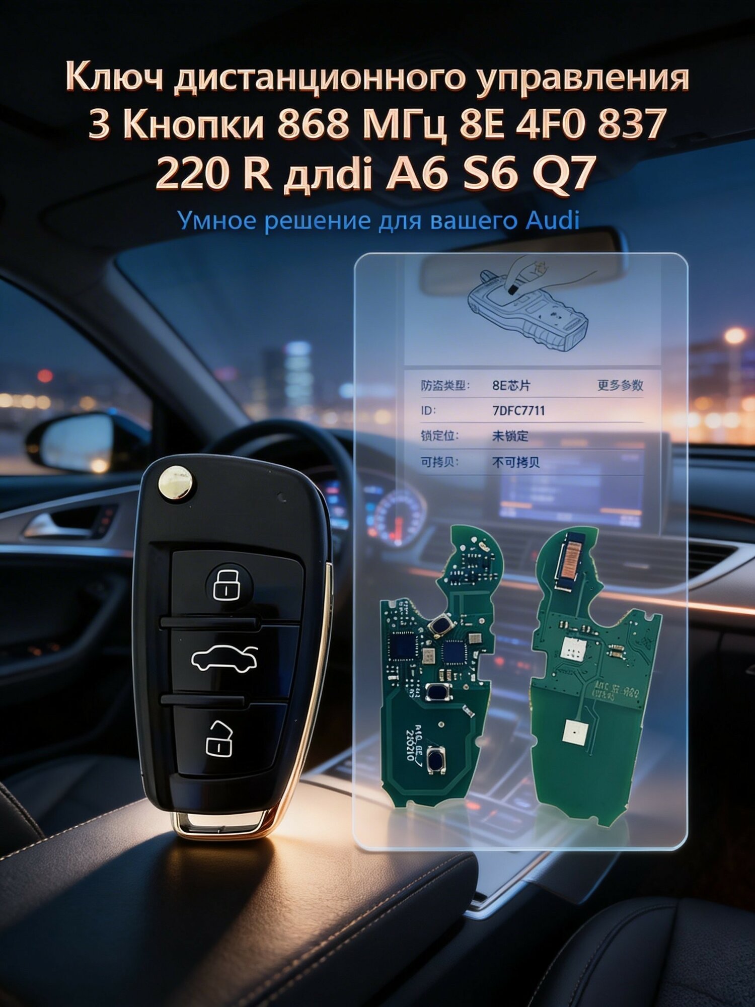 Дистанционный ключ 3 кнопки 868 МГц с чипом 8E, замена 4F0 837 220 R для Audi A6 S6 Q7, профиль HU66 и лезвие в комплекте