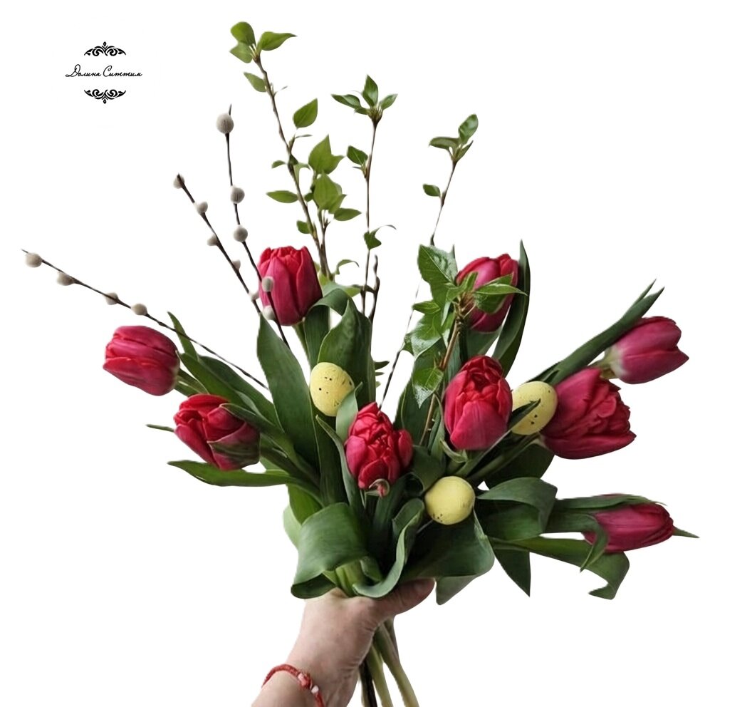 Букет "Красный рассвет Пасхи" красные махровые тюльпаны 9 шт, ветви и пасхальный декор 3 шт, высота 35 см, оформление под ленту.