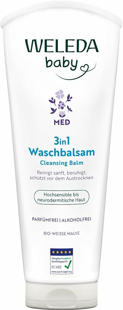 Organic Baby Med 3-в-1 Гель для душа/шампунь с белой мальвой , кокосовым и миндальным маслом для очень чувствительной и нейродермальной кожи. (веганский, 200 мл) Швейцария.