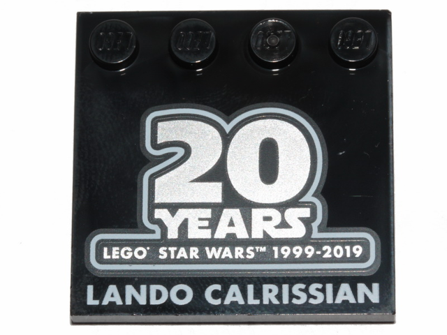 Tile, Modified 4 x 4 with Studs on Edge with SW '20 YEARS LEGO STAR WARS 1999-2019' and 'LANDO CALRISSIAN' Pattern, 6179pb152 Black U