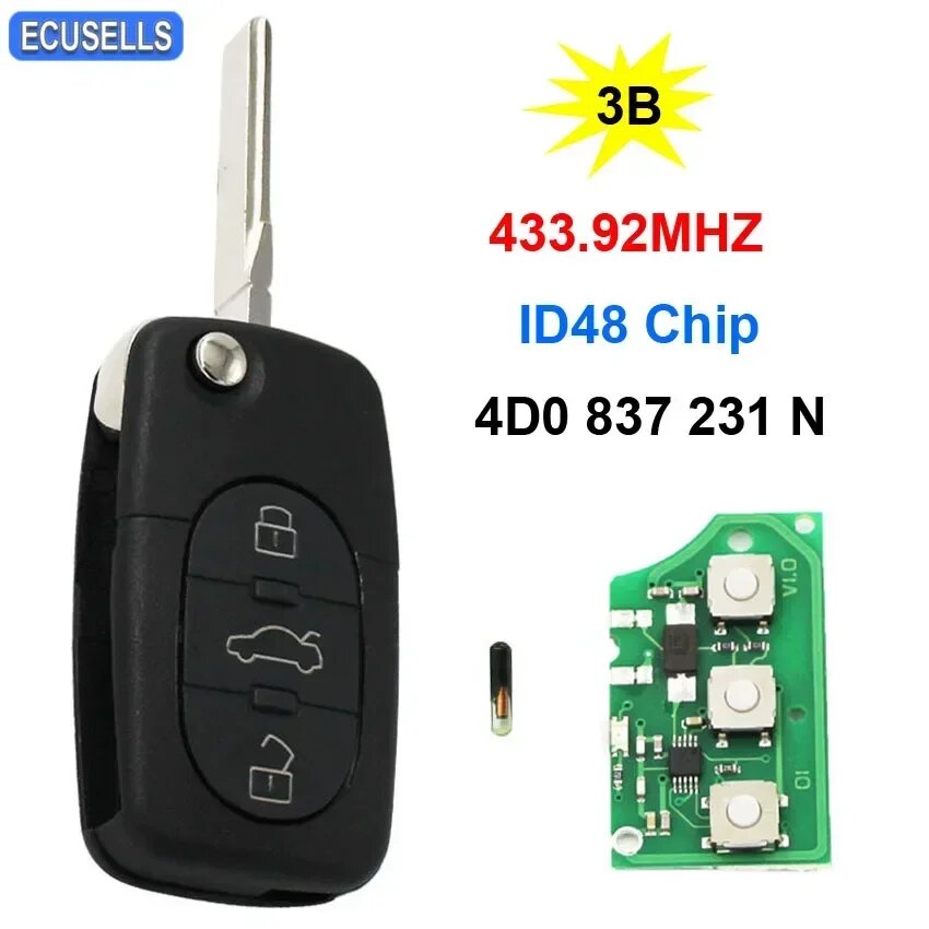 Ключ выкидной Ecusells 3B 433.92MHz ID48 4D0 837 231 N Audi