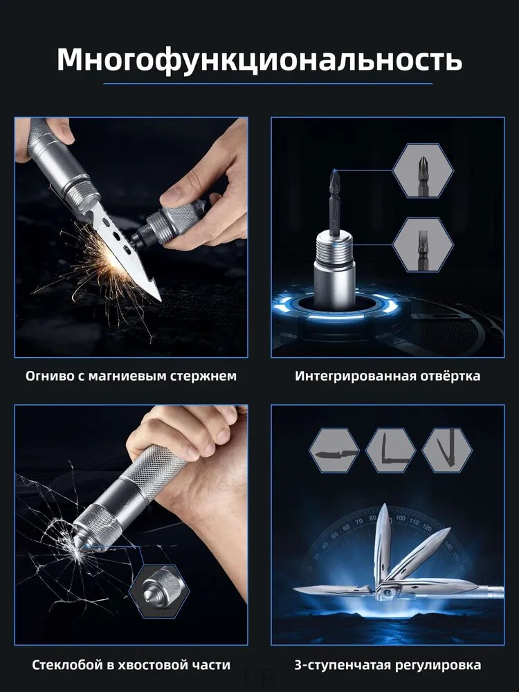 Многофункциональная саперная лопата туристическая 12,5 х 78 см складная, 9 функций и 6 аксессуаров — фото 1