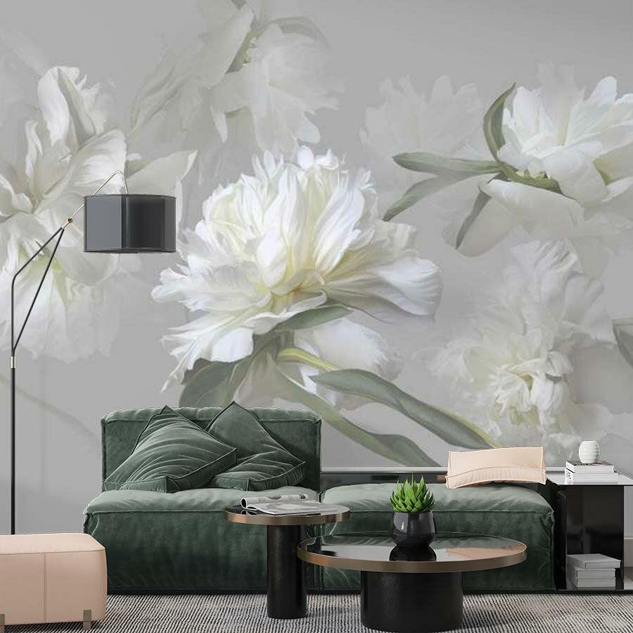 Фотообои Белые цветущие пионы на сером фоне 13-1007-XL-Флок 270 x 500 см (ВхШ) Бесшовные, флизелиновые, влагостойкие обои