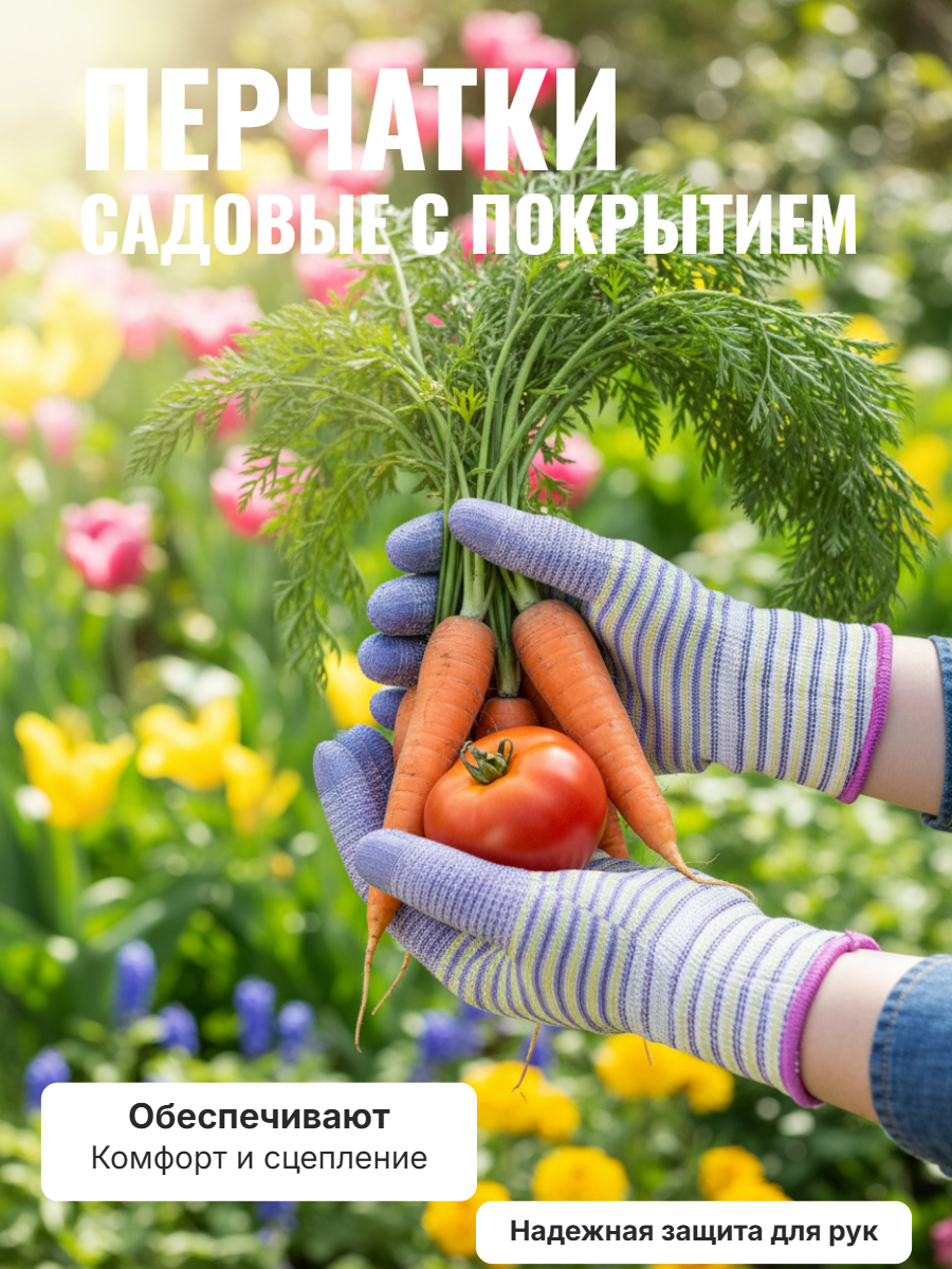 Перчатки садовые, с напылением, размер М, 2 пары, многоразовые, разноцветные