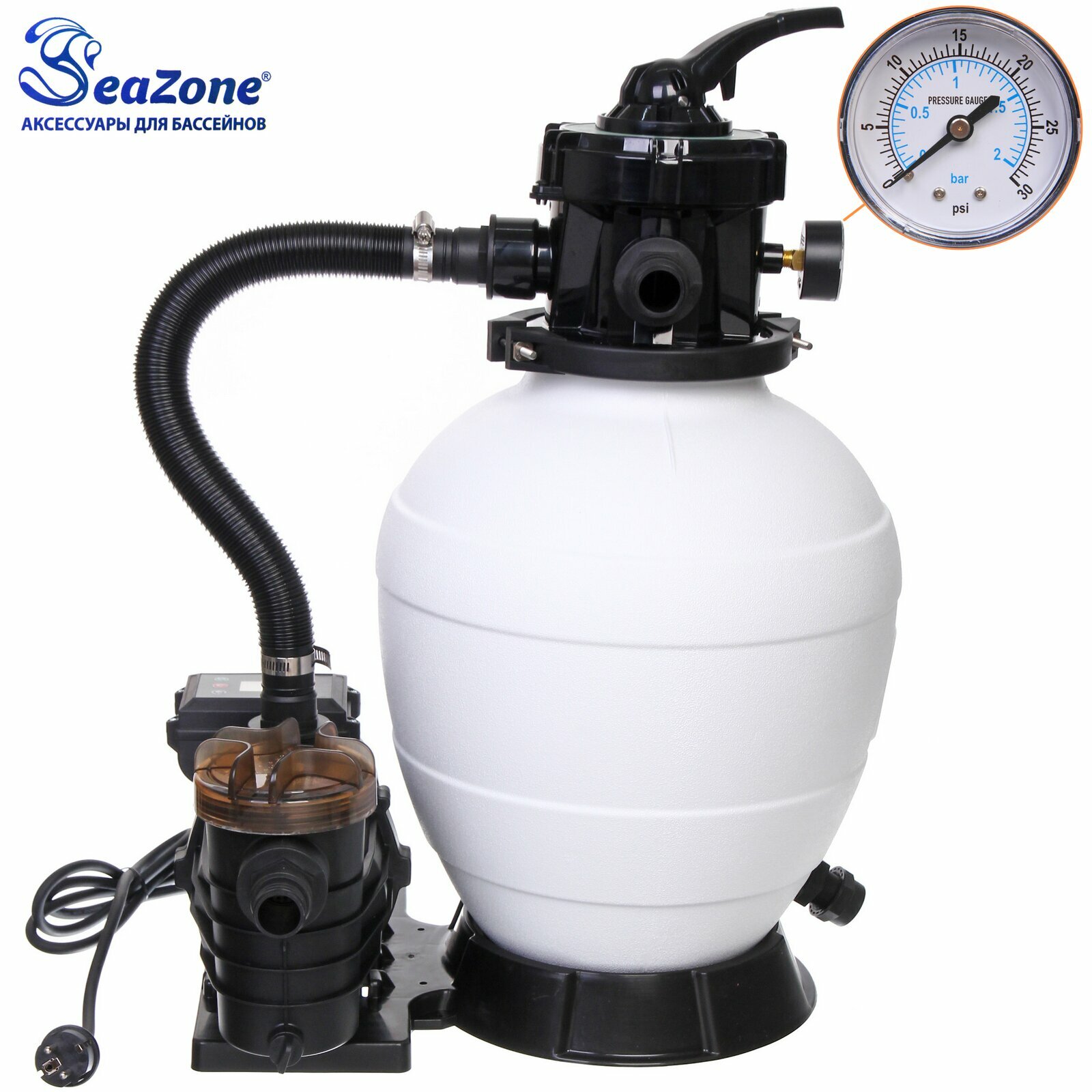 Насос-фильтр песочный Seazone CLP5503F PRO для бассейна, 7000 л/ч, мощность 550 Вт, 6 режимов и таймер