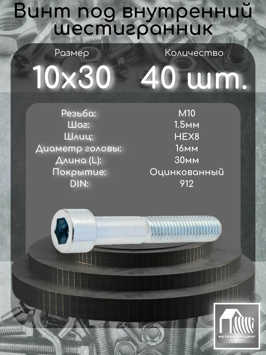 Винт М10х30 под внутренний шестигранник, DIN912 оцинкованный, 40 шт.