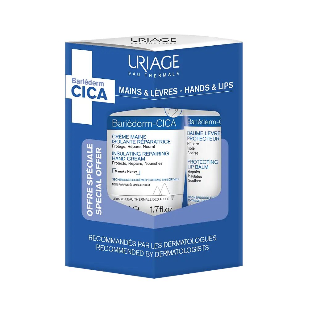 Uriage Набор Bariederm-CICA Крем изолирующий восстанавливающий крем для рук 50 мл+Бальзам для губ защищающий 15 мл 1 уп